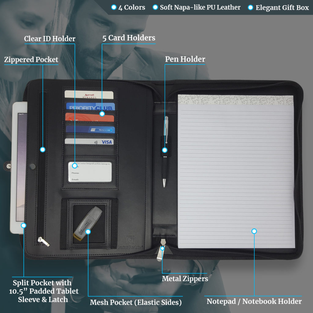 Leather Zippered Business Portfolio Folder – Black (10.5″ Tablet Sleeve ...