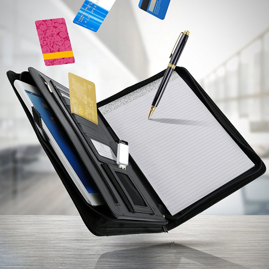 Leather Zippered Business Portfolio Folder – Black (10.5″ Tablet Sleeve ...